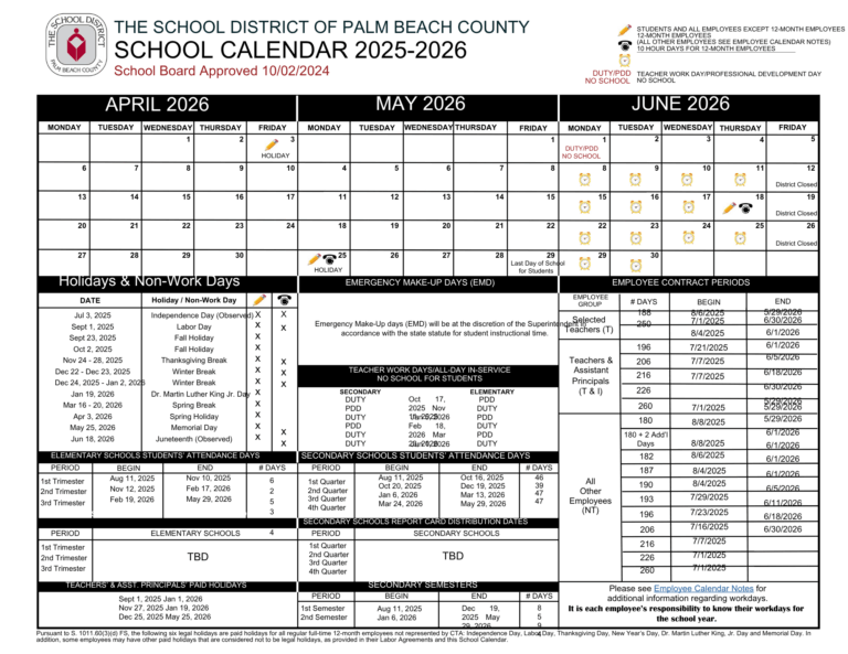 Palm Beach County School Calendar 2025-2026 | Downloadable